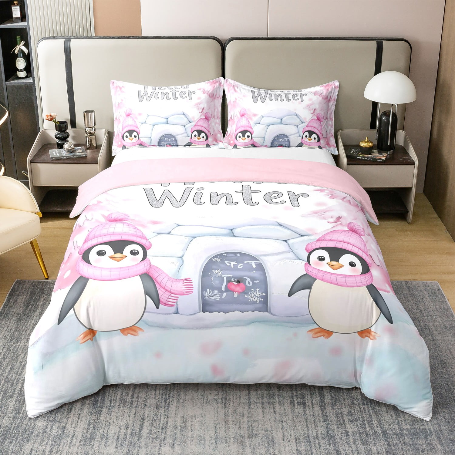 Cartoon Penguins Bedding Set Pink Pine Tree Duvet Cover Lovely Penguin ...