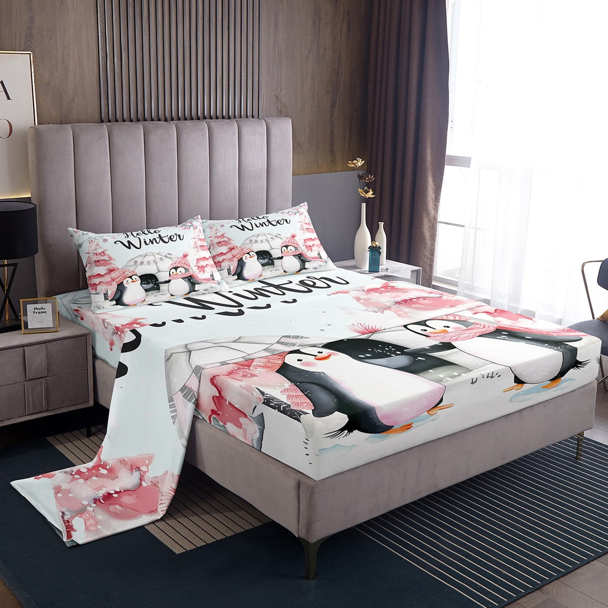 Cartoon Penguins Sheet Set Winter Style Snowflake Bedding Set Cute ...