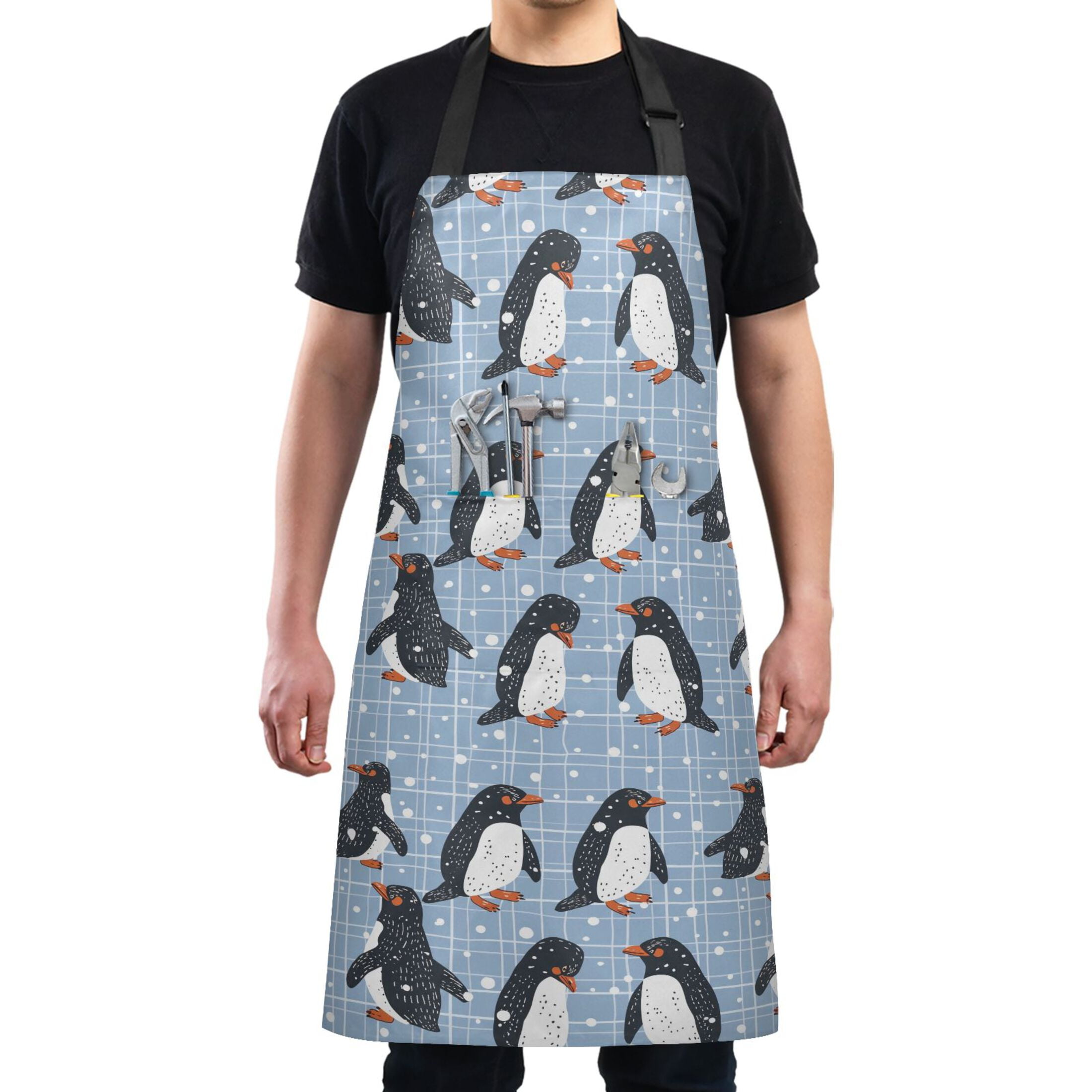 Cartoon Penguins Walking Kitchen Apron with 2 Pockets Adjustable ...