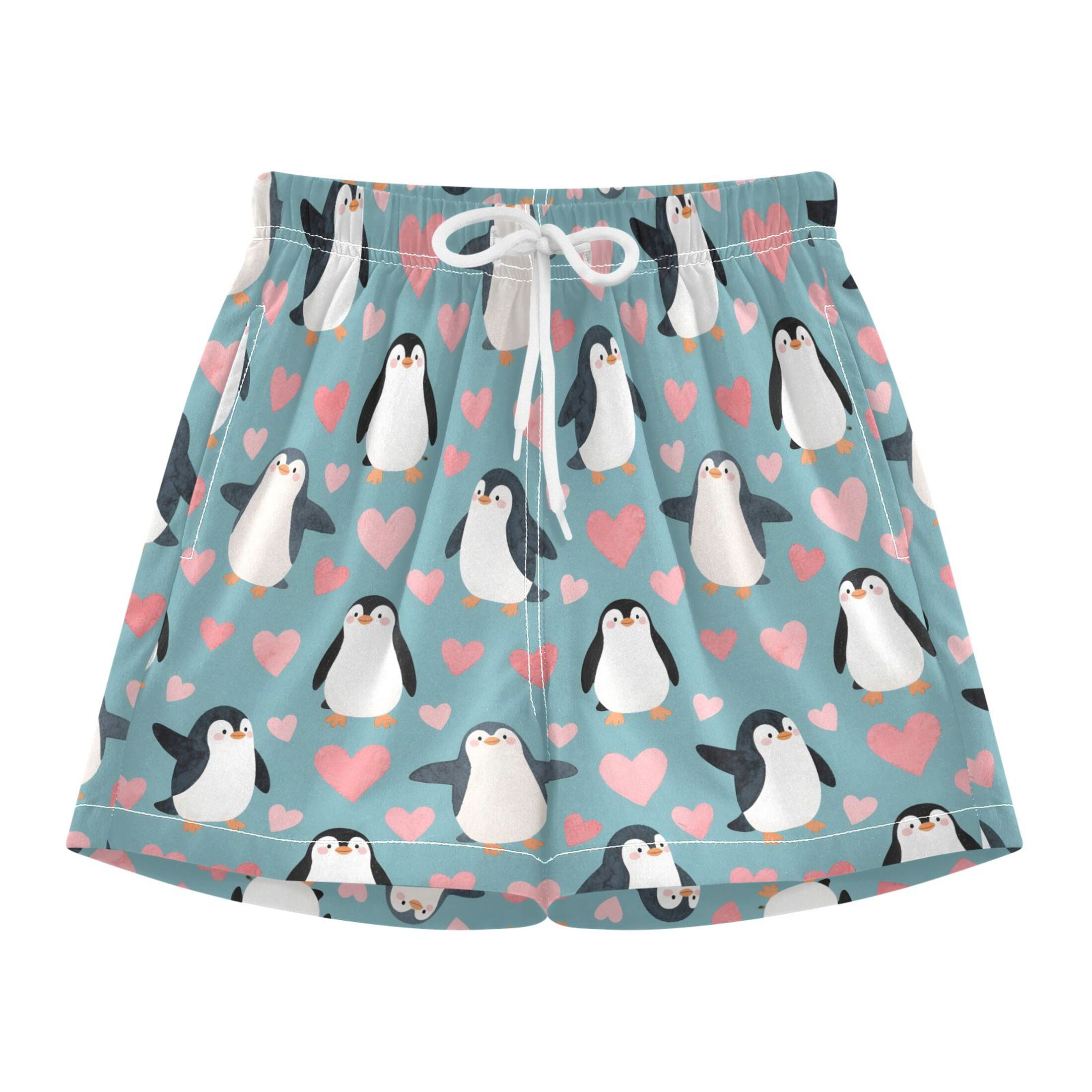 Cartoon Penguins and Love Swim Trunks Quick Drying Bathing Suit Summer ...