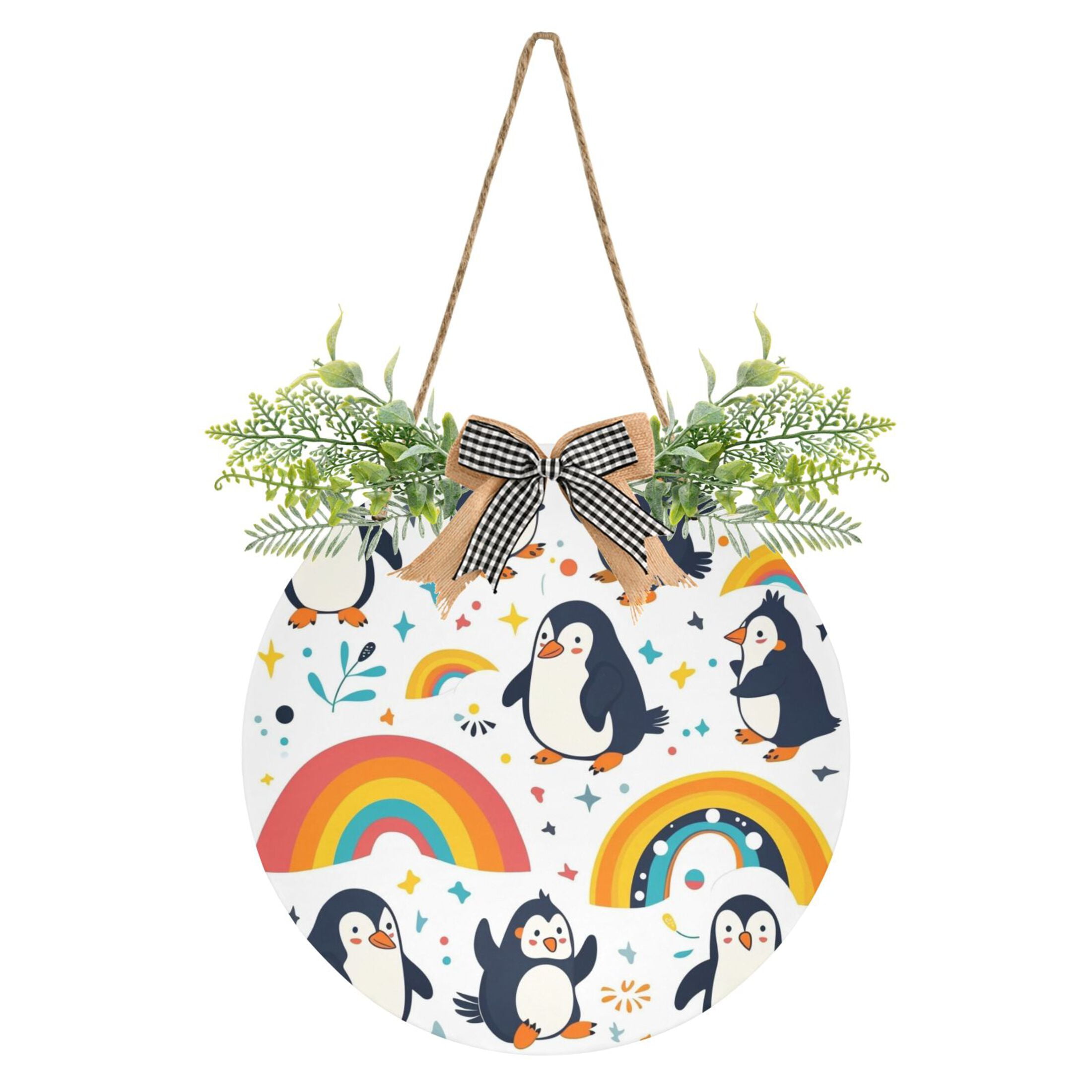 Cartoon Penguins and Rainbow Welcome Front Door Sign Round 12 inch ...