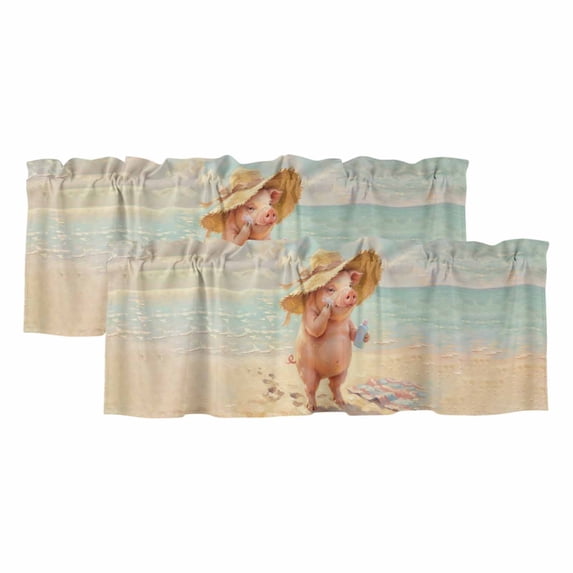 Cartoon Pig 2 Panels Kitchen Valance, Funny Farm Animals Summer Beach ...