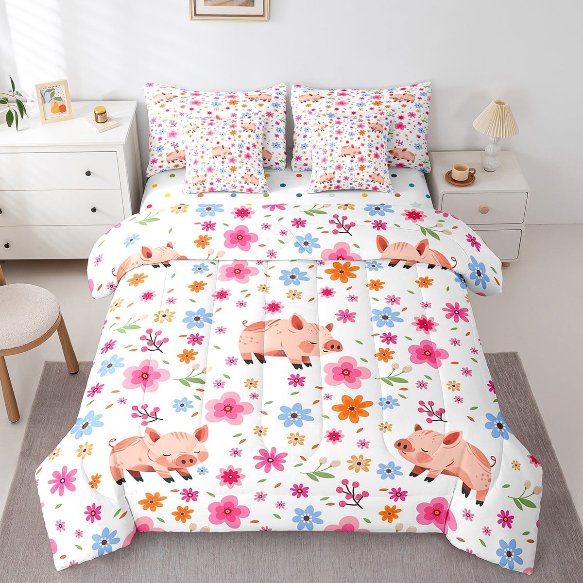 Cartoon Pig Bedding Comforter Sets 7pcs Chic Floral King Bedding Sets ...