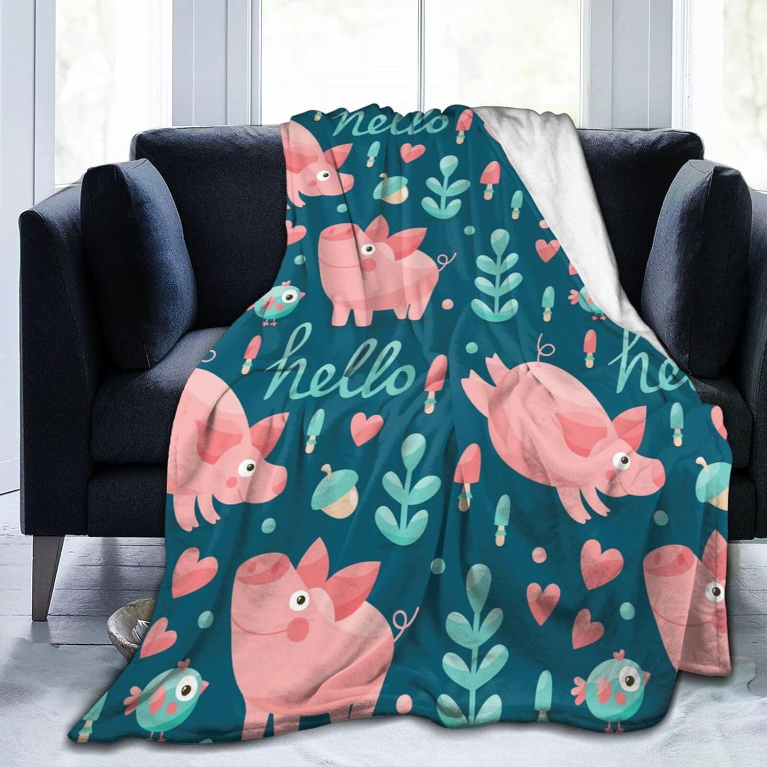 Cartoon Pig Bird Hello Blanket, Soft Blankets Flannel Bed Throw Cozy ...