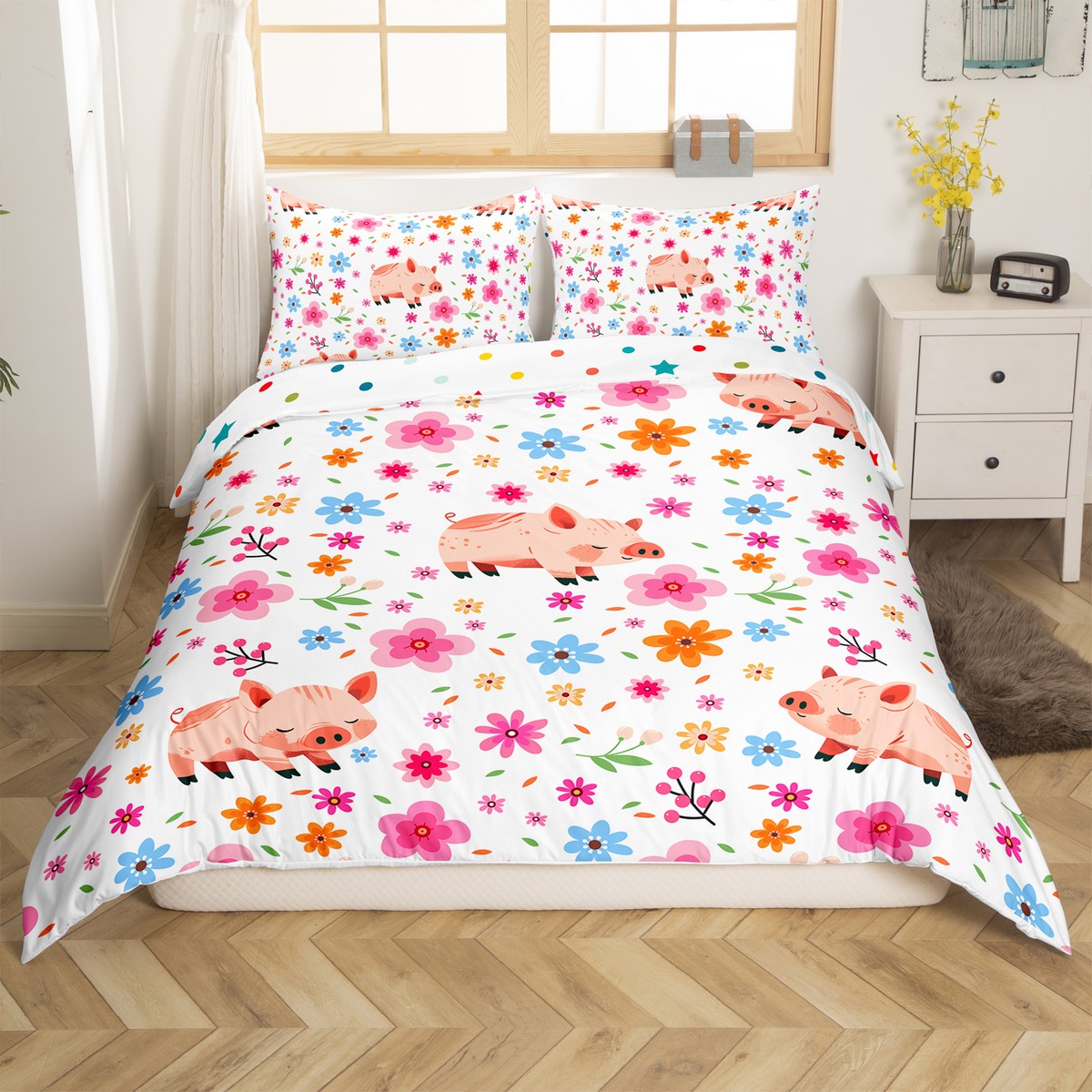Cartoon Pig King Bedding Sets Chic Floral Duvet Cover, Kawaii Farm ...