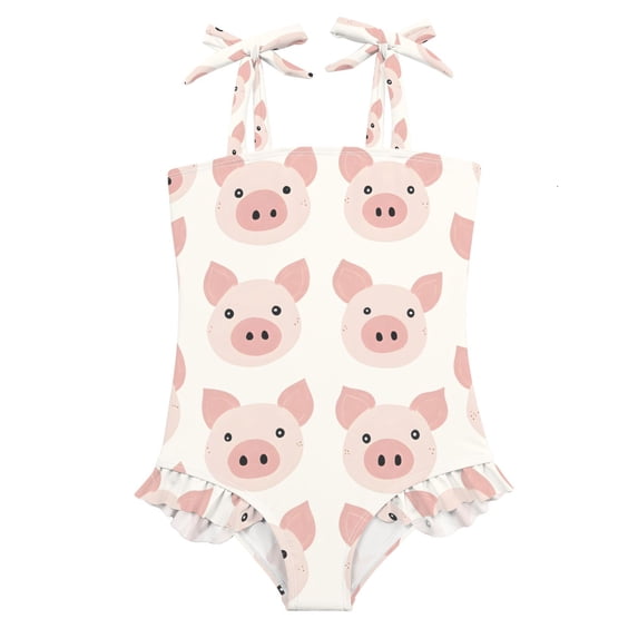 Cartoon Pig Pattern Girls' One-Piece Swimsuit Bowknot Tie Shoulder ...