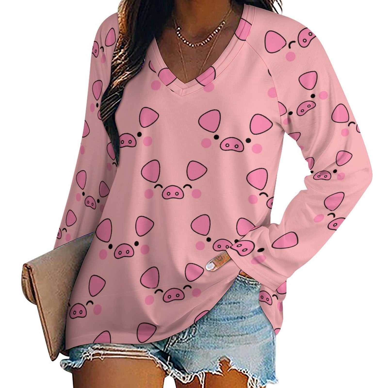 Cartoon Pig Pattern Women's Long Sleeve Shirts Casual V Neck Tops for ...