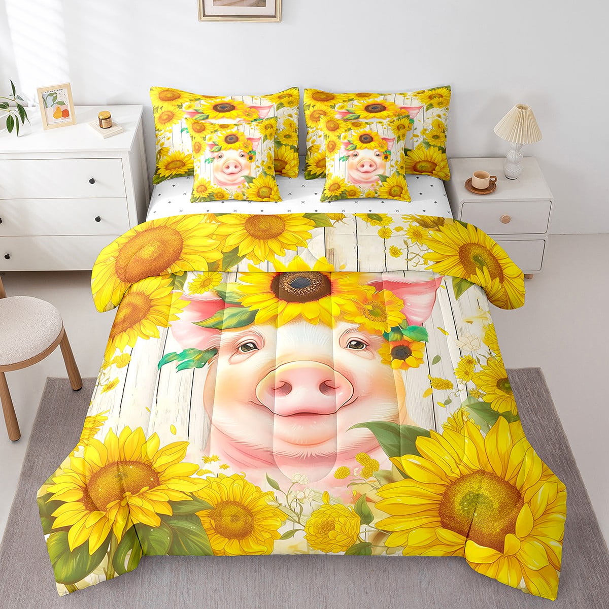 Cartoon Pig Queen Comforter Set 7 Piece,Yellow Sunflower Bedding ...
