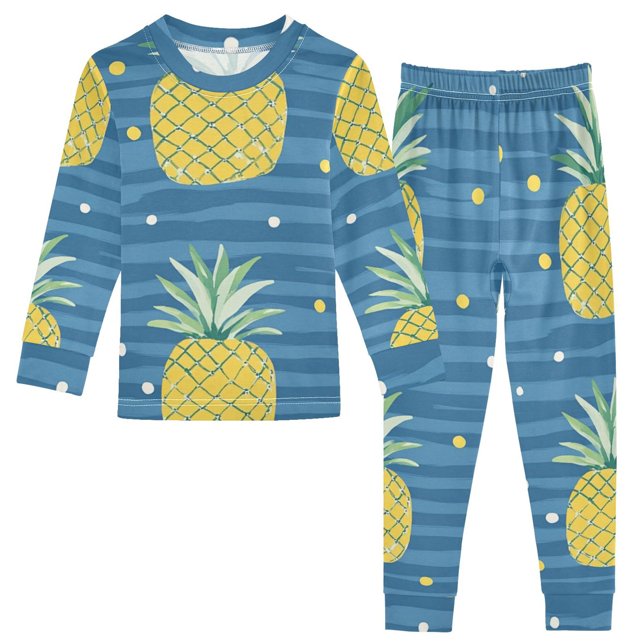 Cartoon Pineapple Polka Dots Stripes Cotton Pajama Set Long Sleeve Top ...