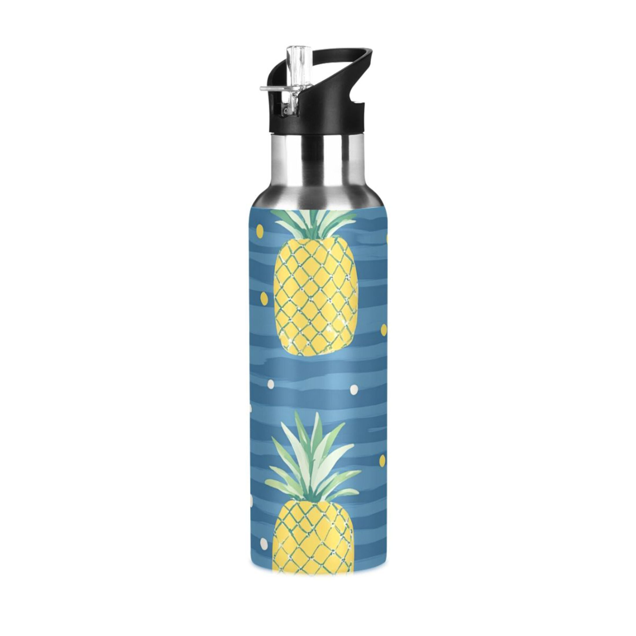 Cartoon Pineapple Polka Dots Stripes Sports Bottle with Straw Stainless ...