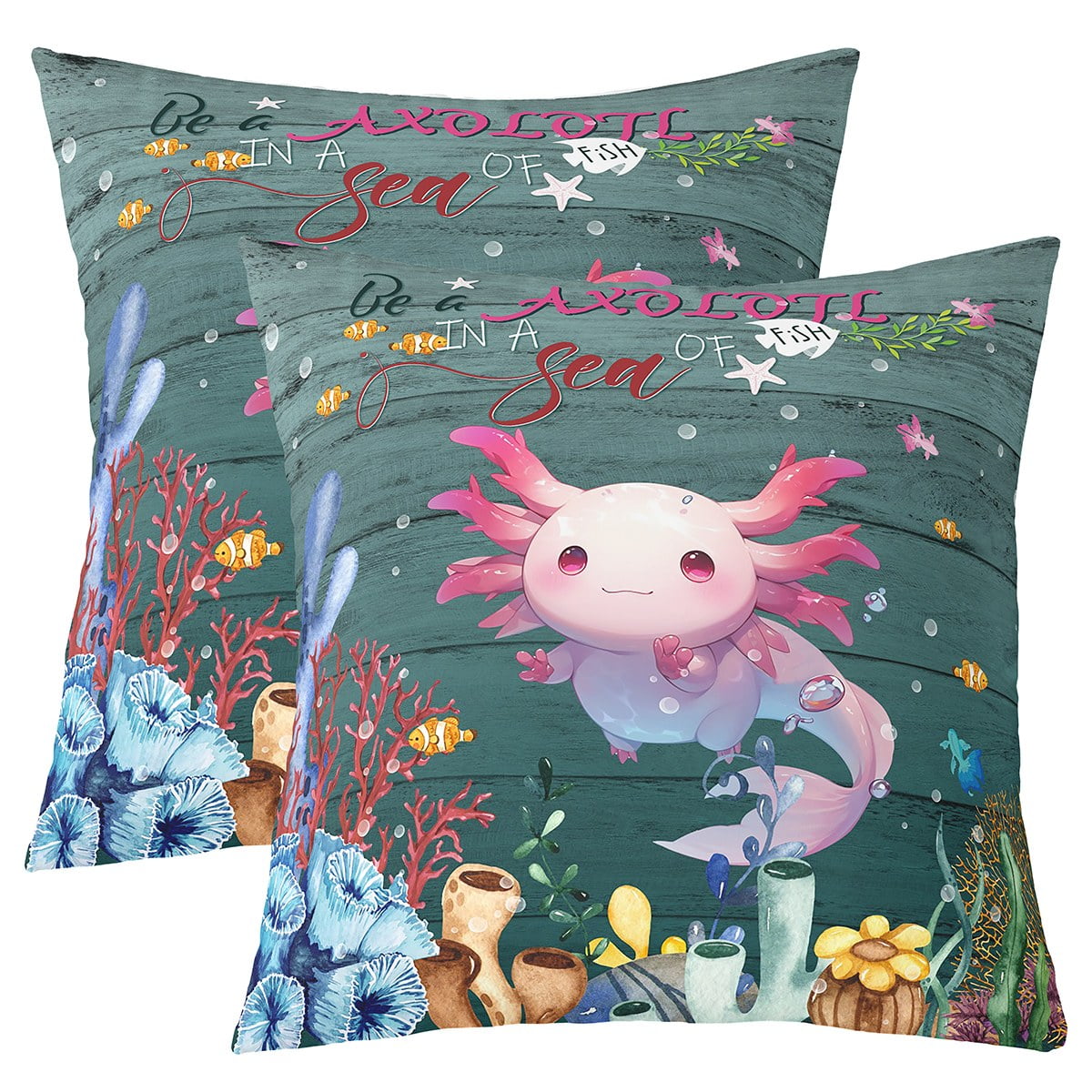 Cartoon Pink Axolotl Set Of 2 Throw Pillow Covers Retro Wooden Pillow ...