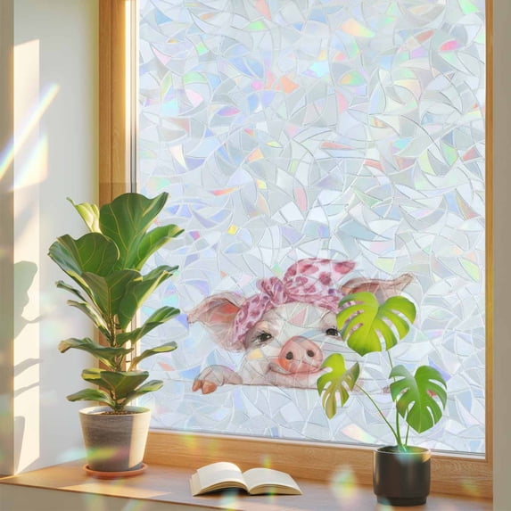Cartoon Pink Bathing Pig Window Privacy Film, Rainbow Film Decorative ...