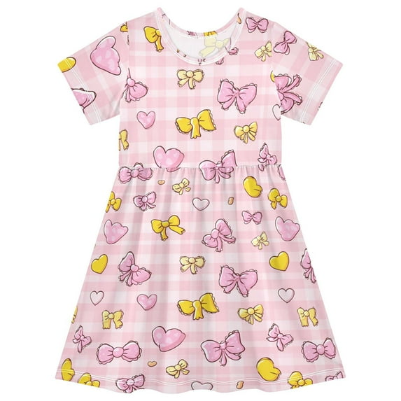 Cartoon Pink Bow Short Sleeve Dress A-Line Cute Midi Casual Sundress 2 ...