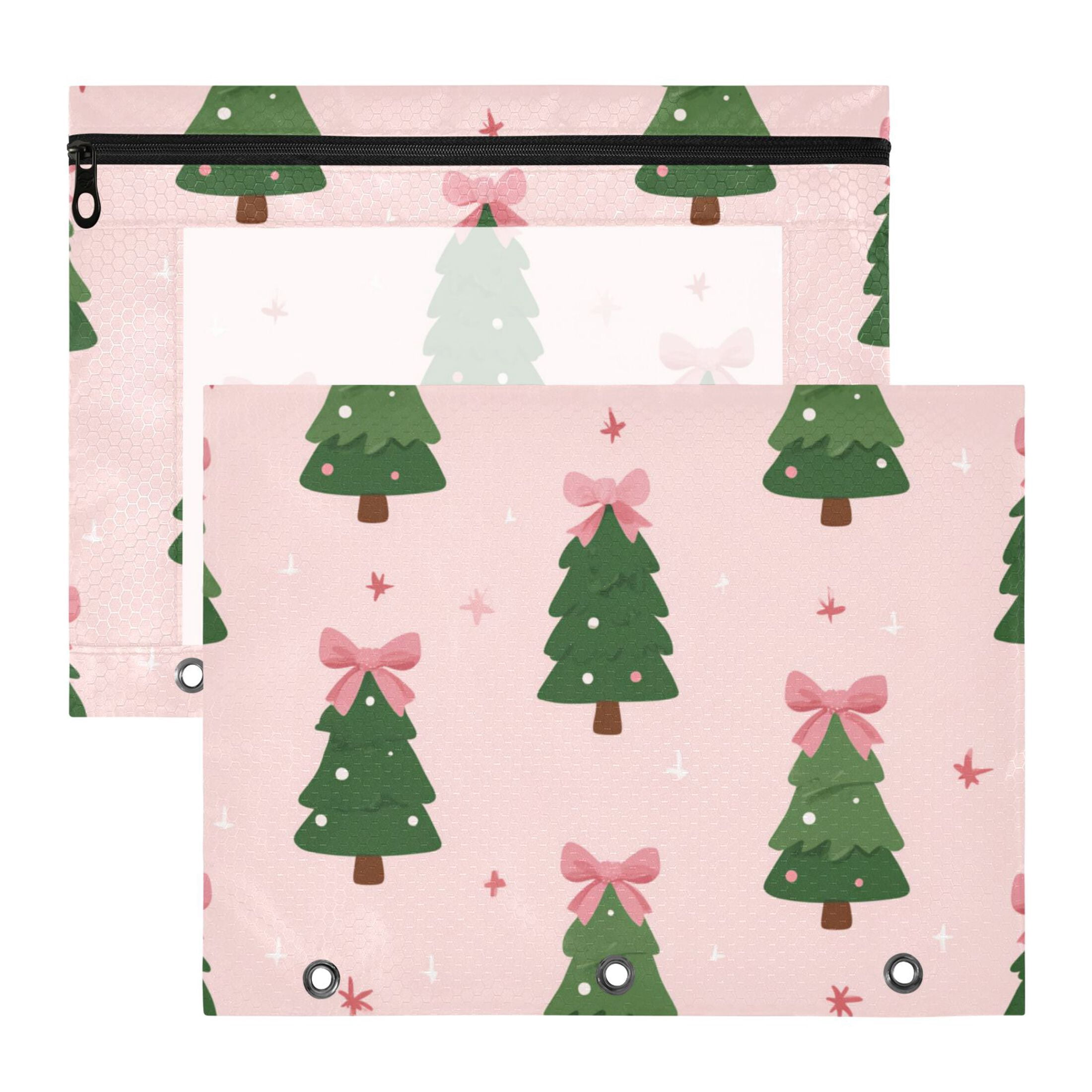 Cartoon Pink Bows on Christmas Tree Top 3-Ring Binder Pocket with ...