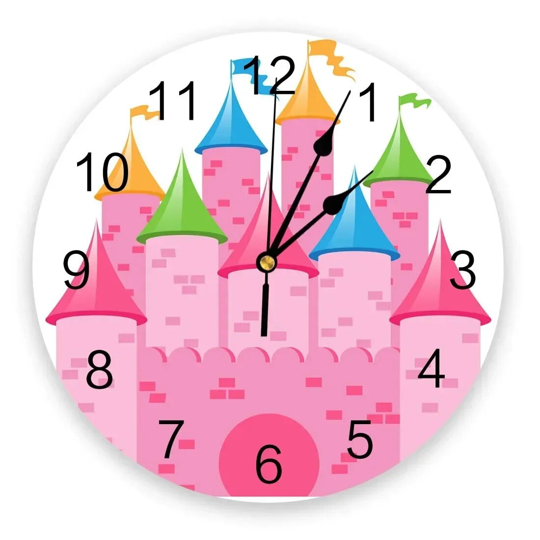 Cartoon Pink Castle Flag Geometric Building Wall Clocks Silent Home ...
