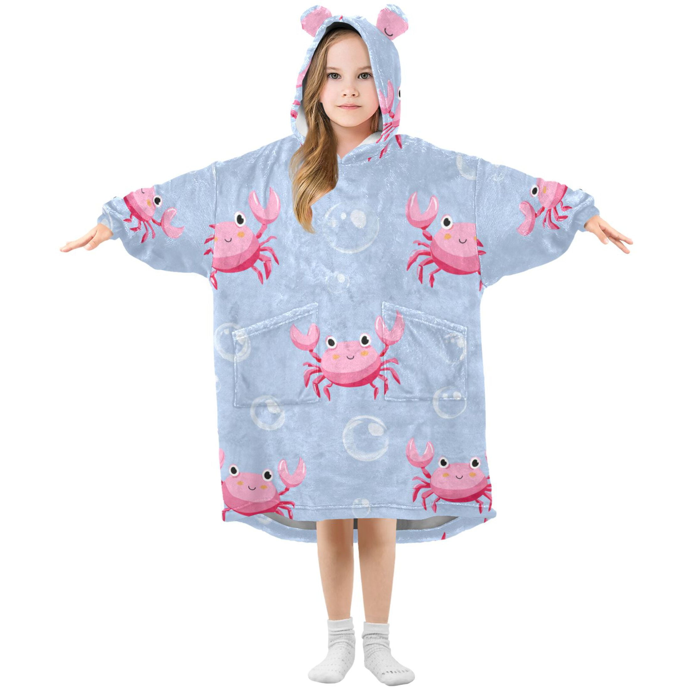 Cartoon Pink Crabs Bubbles Flannel Wearable Blankets Hooded Design Long ...