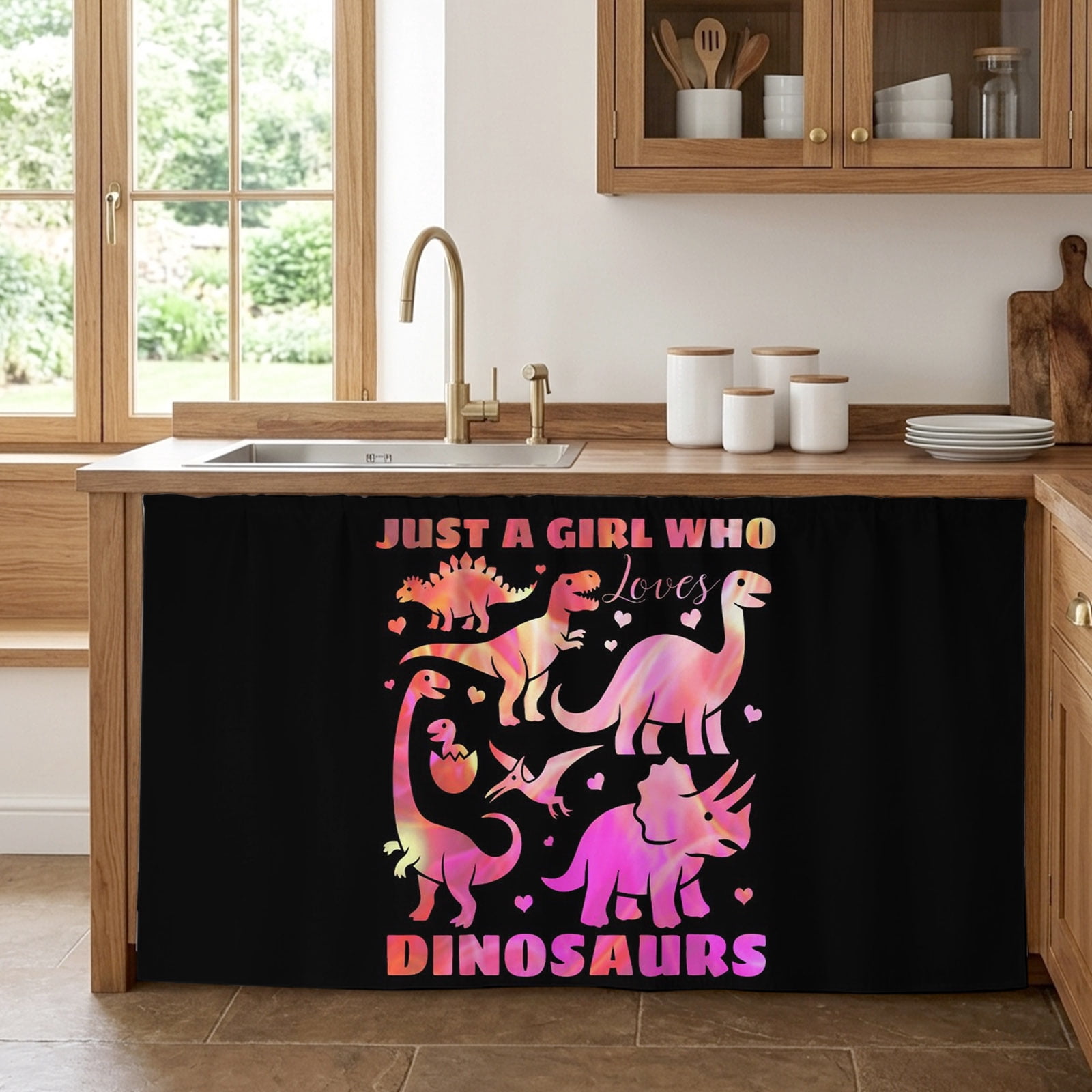Cartoon Pink Dinosaurs Cabinet Curtains 32" W x 55" L Just A Girl Who ...