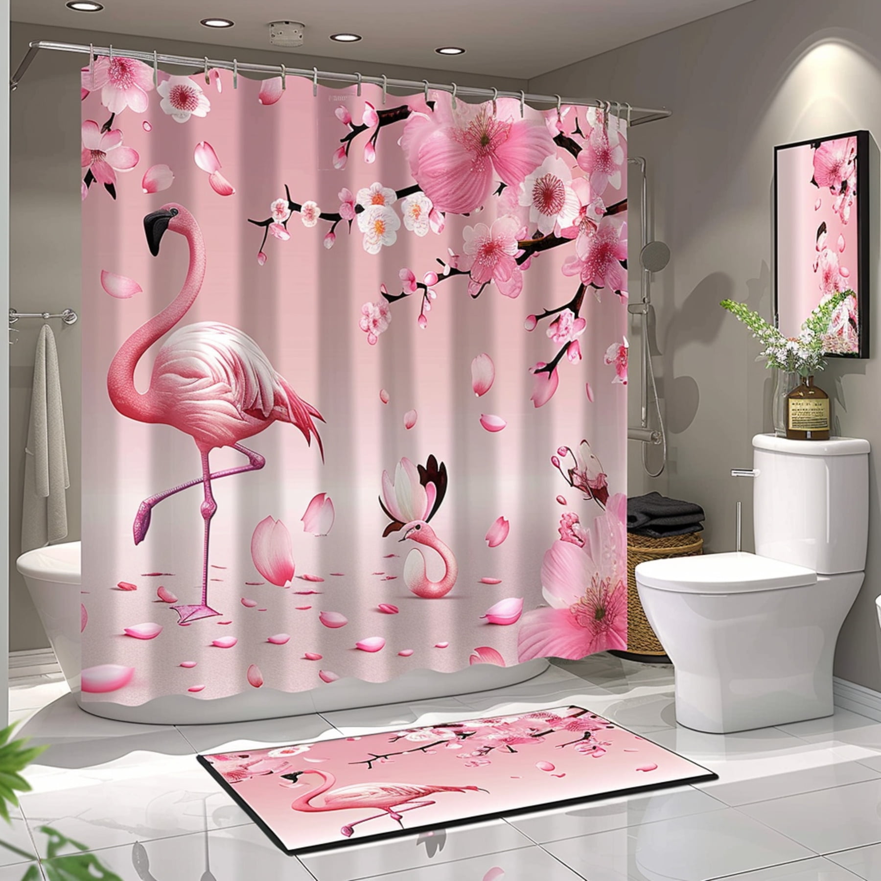 Cartoon Pink Flamingo Bathroom Set with Cherry Blossom Print Chinese ...