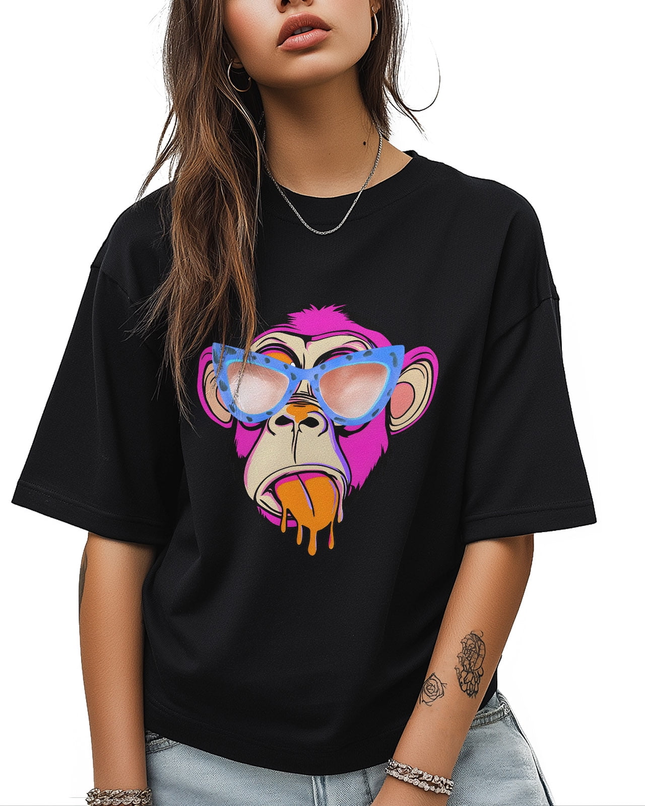 Cartoon Pink Monkey T Shirts for Women Short Sleeve Cotton Crewneck T ...