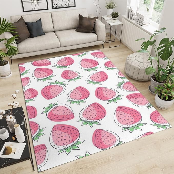 Cartoon Pink Strawberry Area Rug, Simple White Background Indoor Kids ...