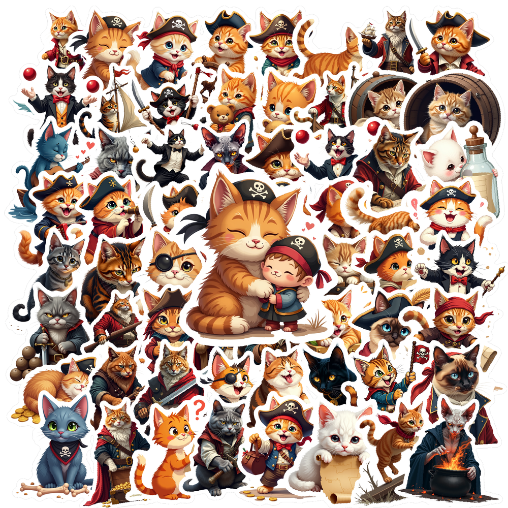 Cartoon Pirate Cat Theme Stickers, Waterproof Pirate Cat Theme Sticker ...