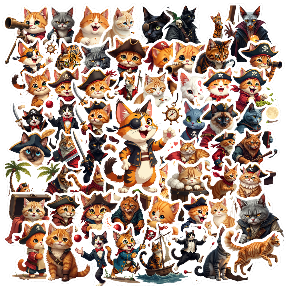 Cartoon Pirate Cat Theme Stickers, Waterproof Pirate Cat Theme Sticker ...