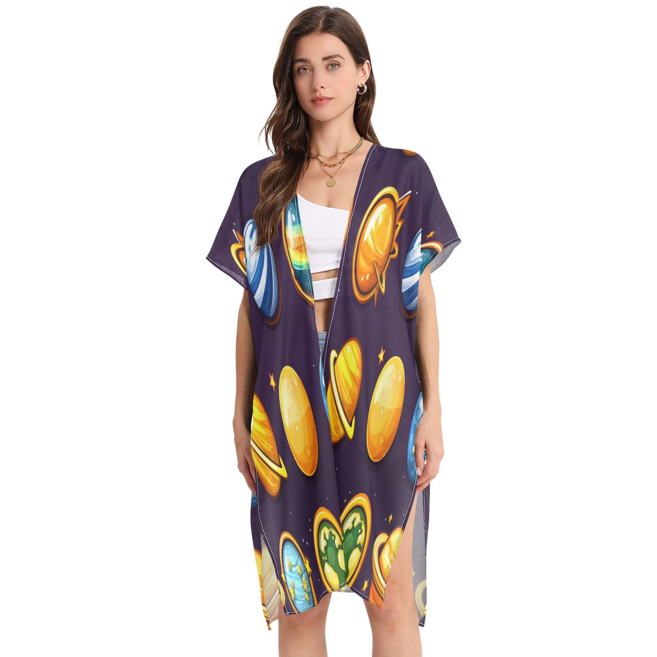 Cartoon Planets Pattern Women's Swimwear Cover Up Summer Cardigan Beach ...