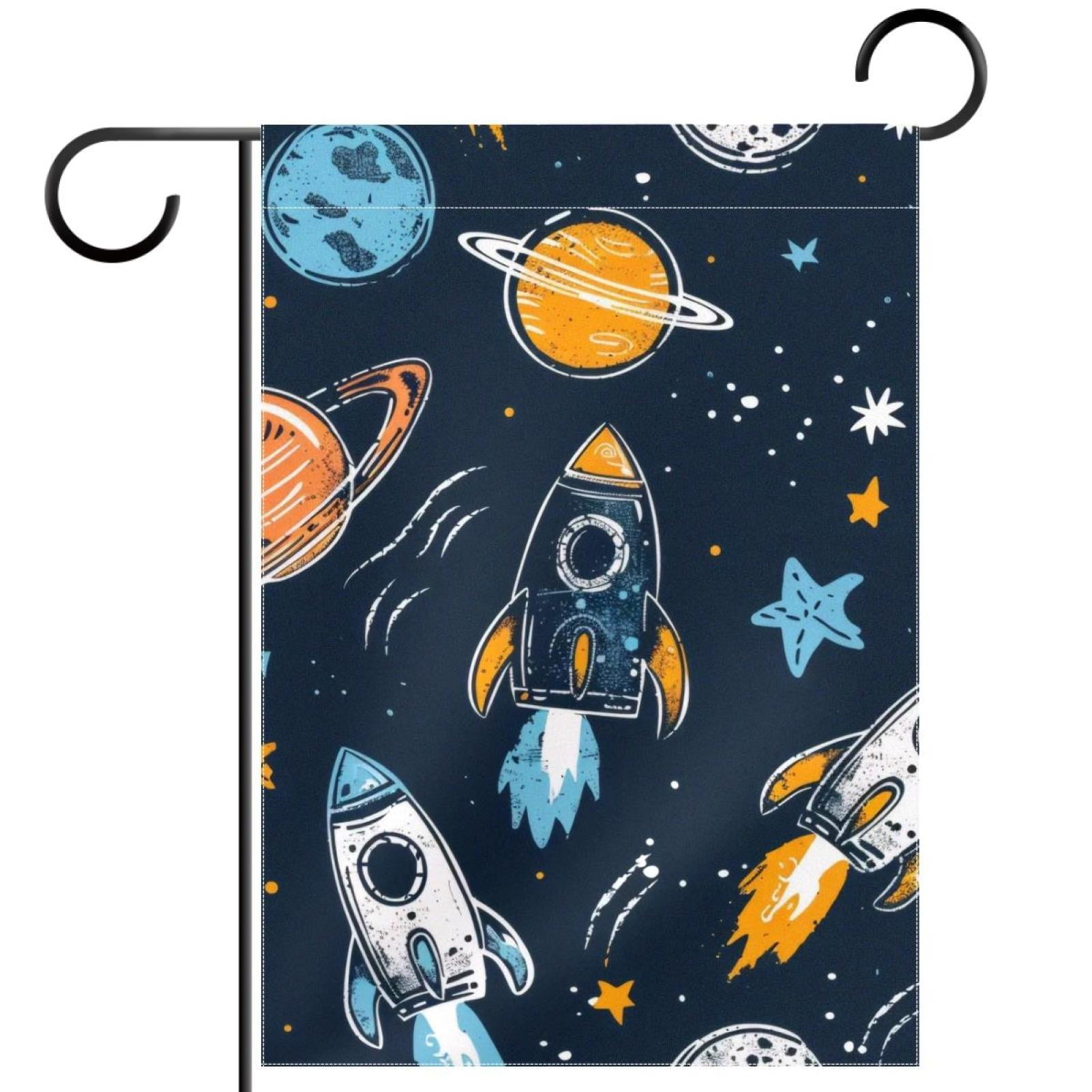 Cartoon Planets Rockets and Stars Pattern Welcome Garden Flags, 12 x 18 ...