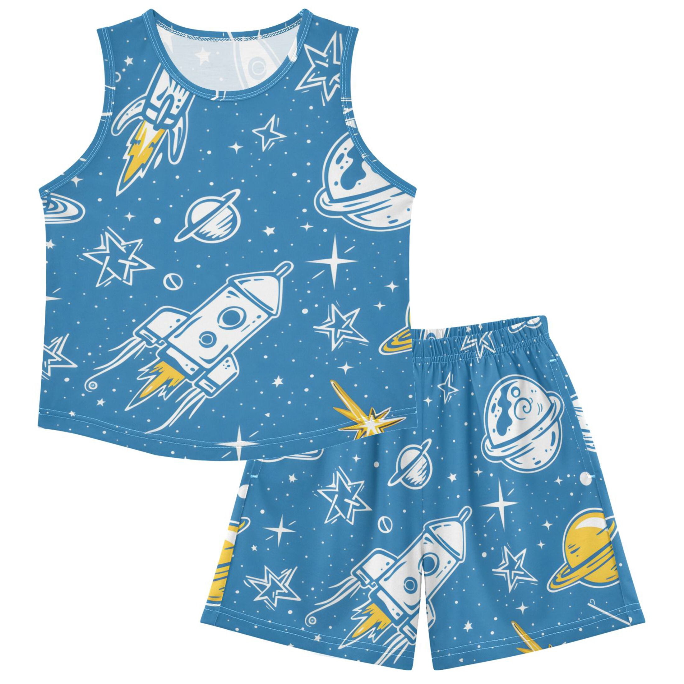 Cartoon Planets Stars Spaceships Pajamas Set Sleeveless Sleepwear Tank ...