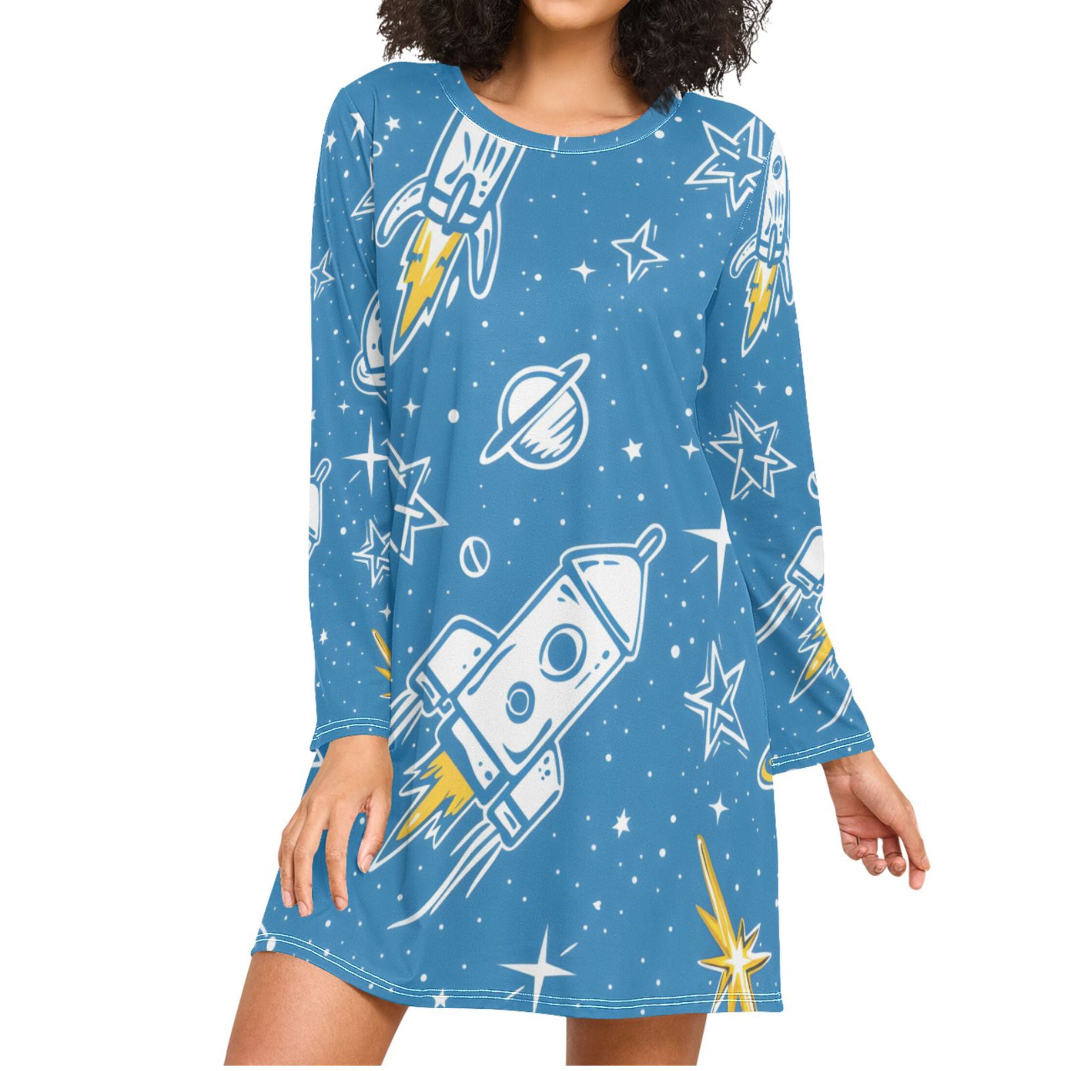 Cartoon Planets Stars Spaceships Women's Long Sleeves Nightgowns ...