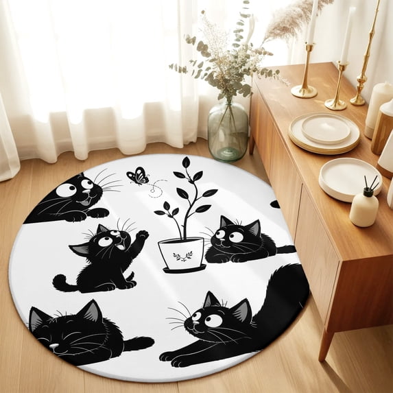 Cartoon Playful Black Cat Round Area Rug 3ft,Living Room Rug Non-Slip ...