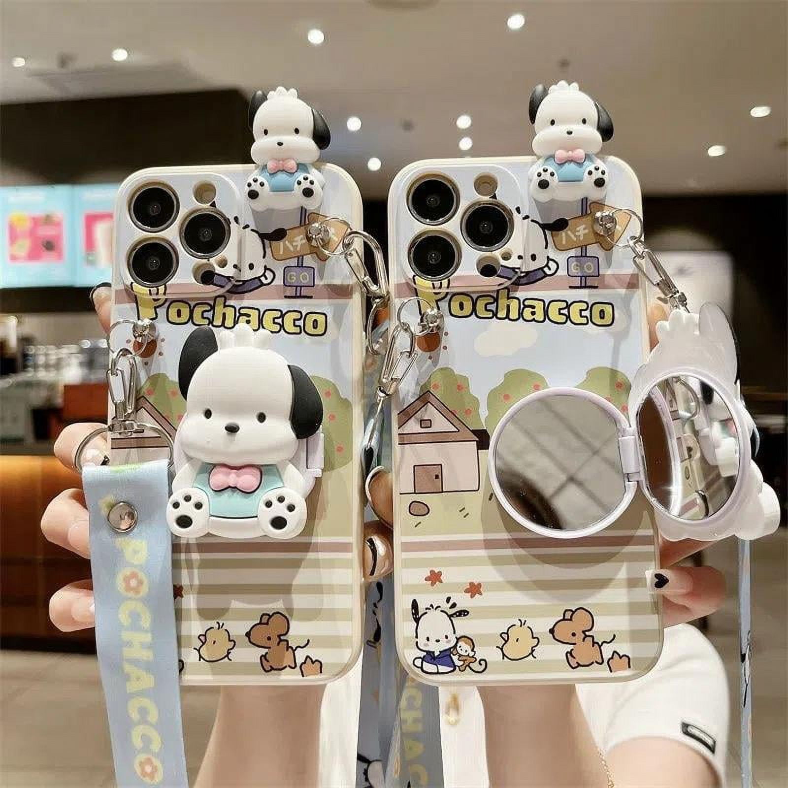 Cartoon Pochacco lay-flat Phone Case with Mirror and Crossbody Strap ...