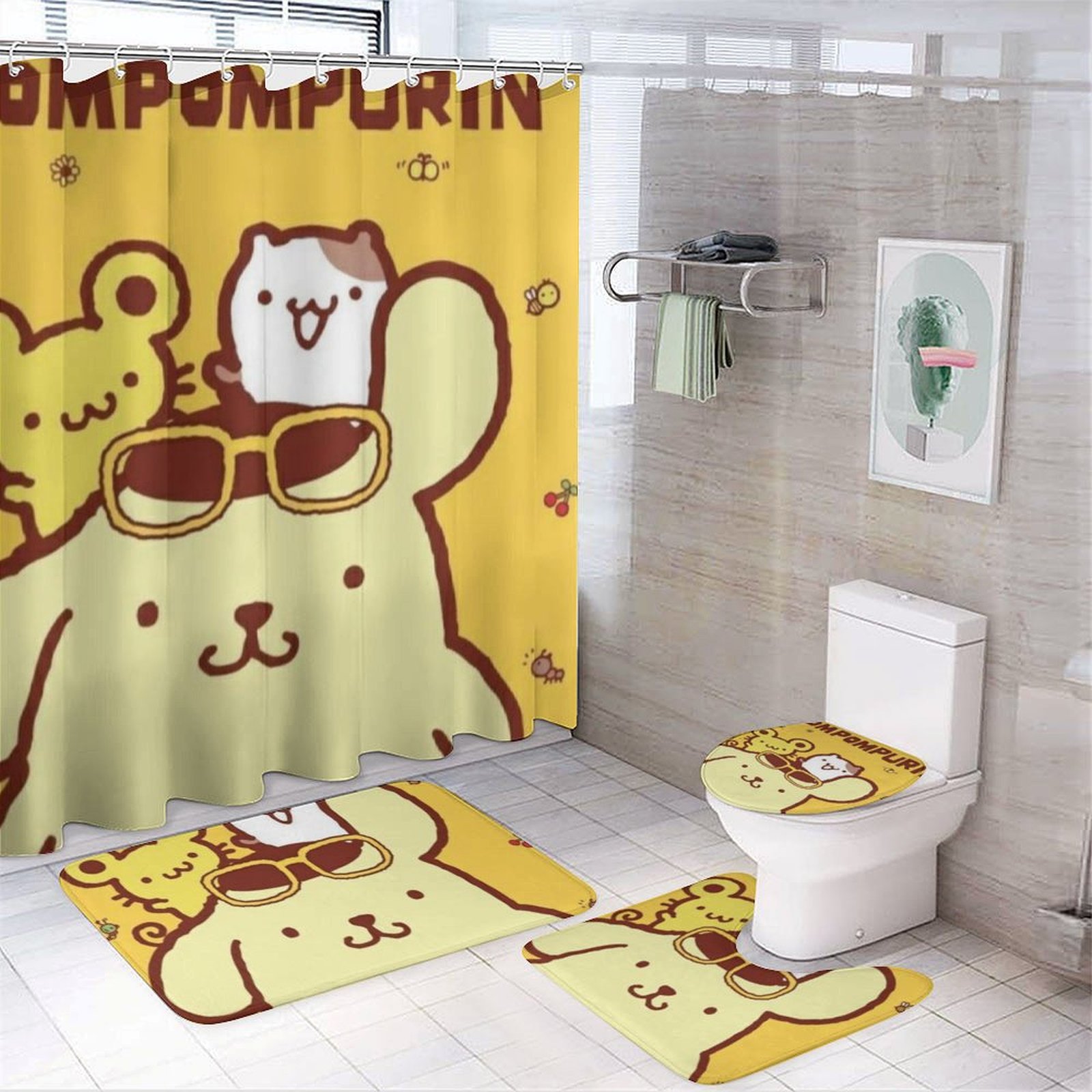 Cartoon Pompompurin 4 Piece Cute Shower Curtain Set With Non Slip