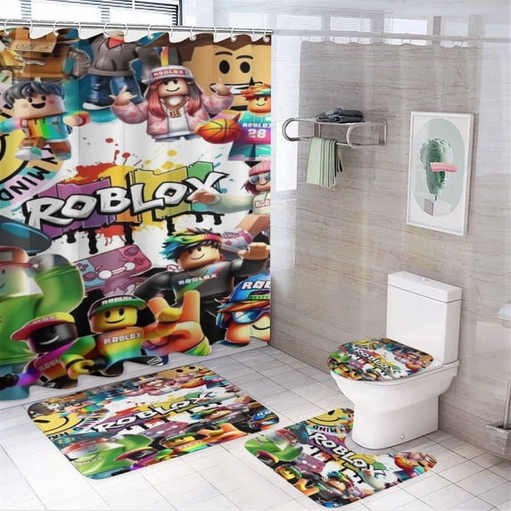 Cartoon Power 4 Pcs Shower Curtain Sets Non-Slip Rugs Bath Mat Toilet ...