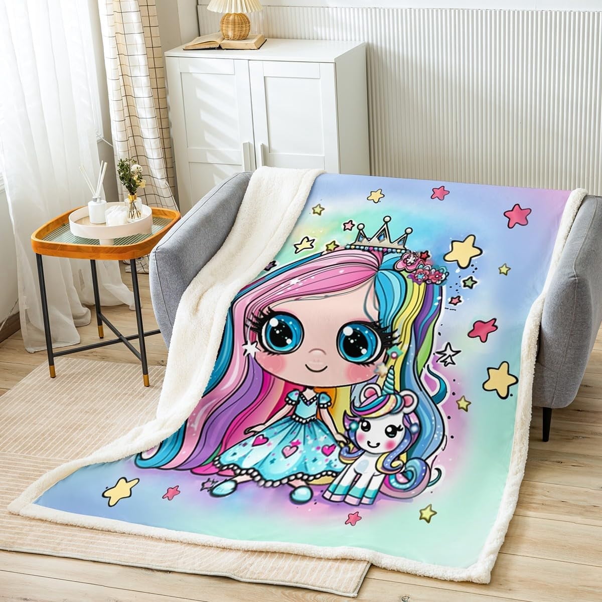 Cartoon Princess Flannel Blanket,Rainbow Stars Flowers Watercolor Blue ...