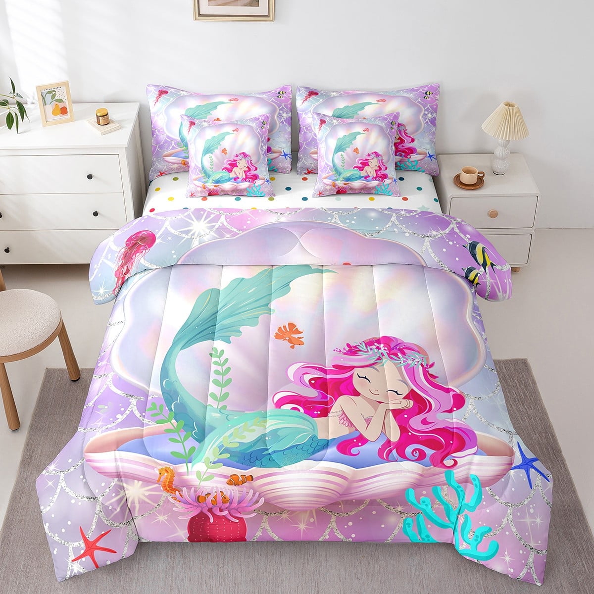 Cartoon Princess Mermaid Comforter Set 7 Piece Bed in a Bag Twin,Ocean ...
