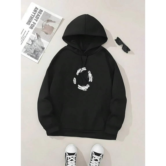 Cartoon Print Hooded Long Sleeve Sweatshirt Women Casual Fashion Loose ...