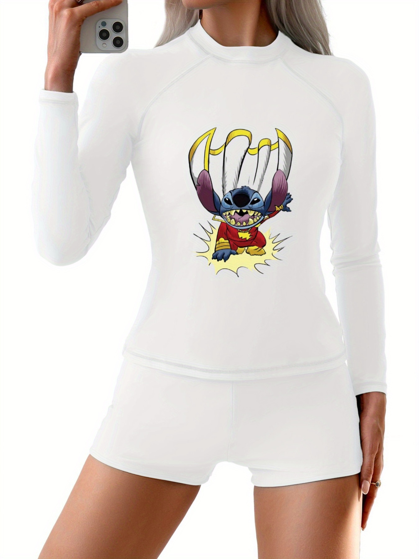 Cartoon Print Swim Set for Women – Long Sleeve Rash Guard & Swim Trunks ...