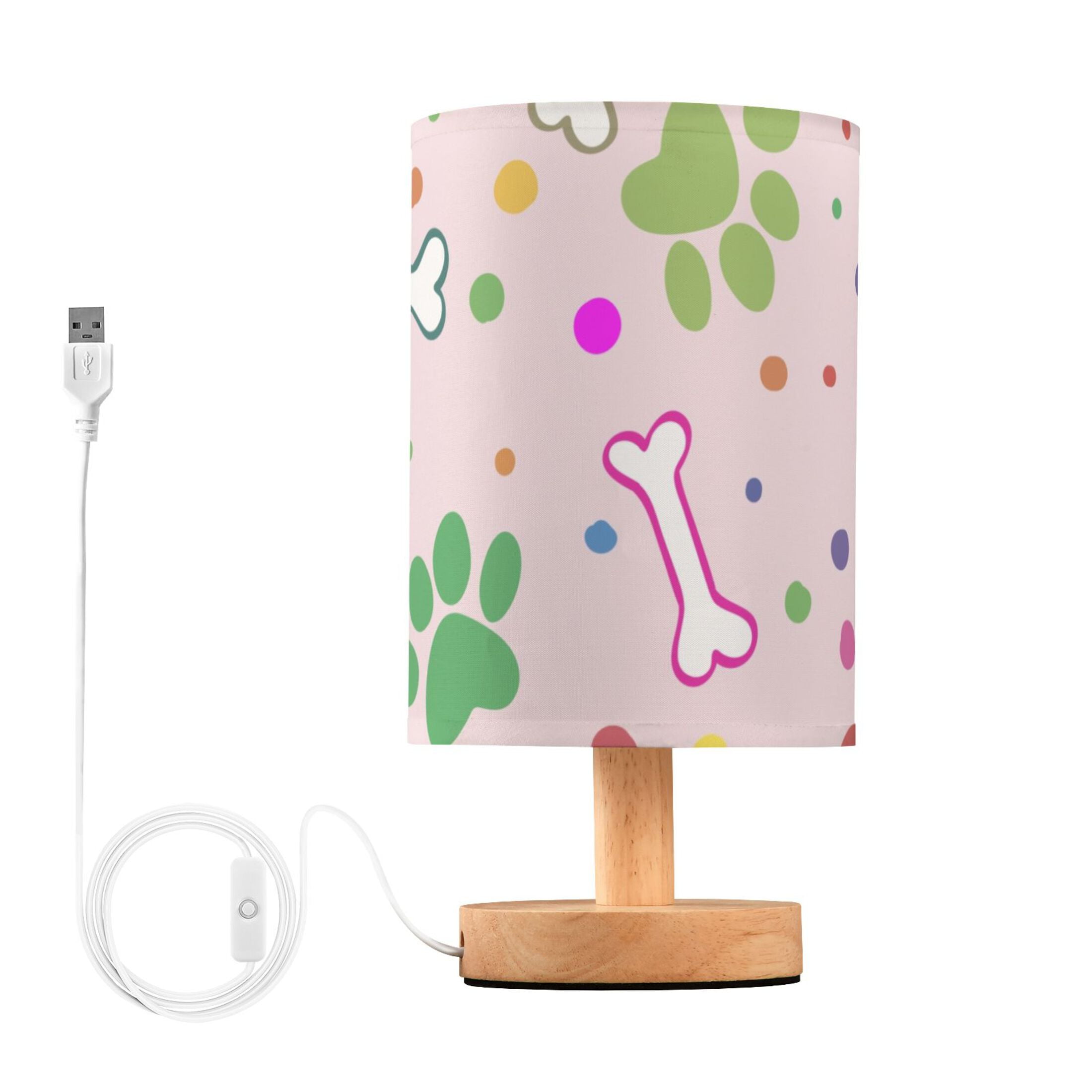 Cartoon Print and Bones Bedside Table Lamp LED Warm Lights with USB Charging Port Retro Cylinder ...