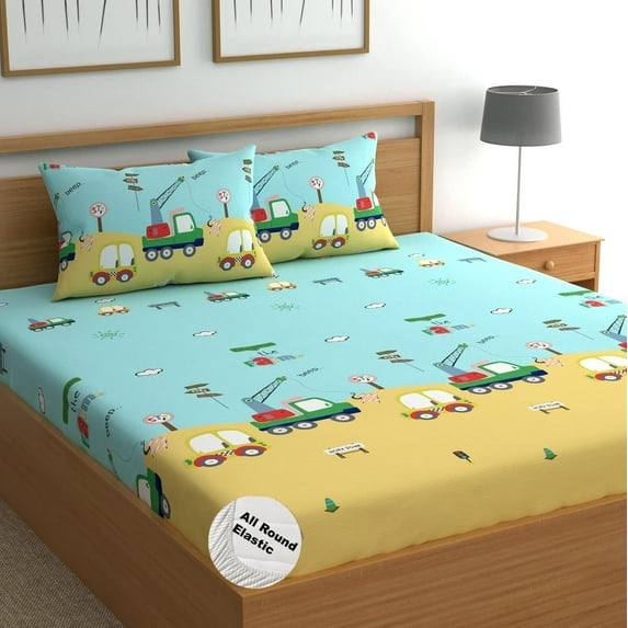 Cartoon Printed Double Bedsheet For Kids With 2 Pillow Cover - 72 X 78 ...