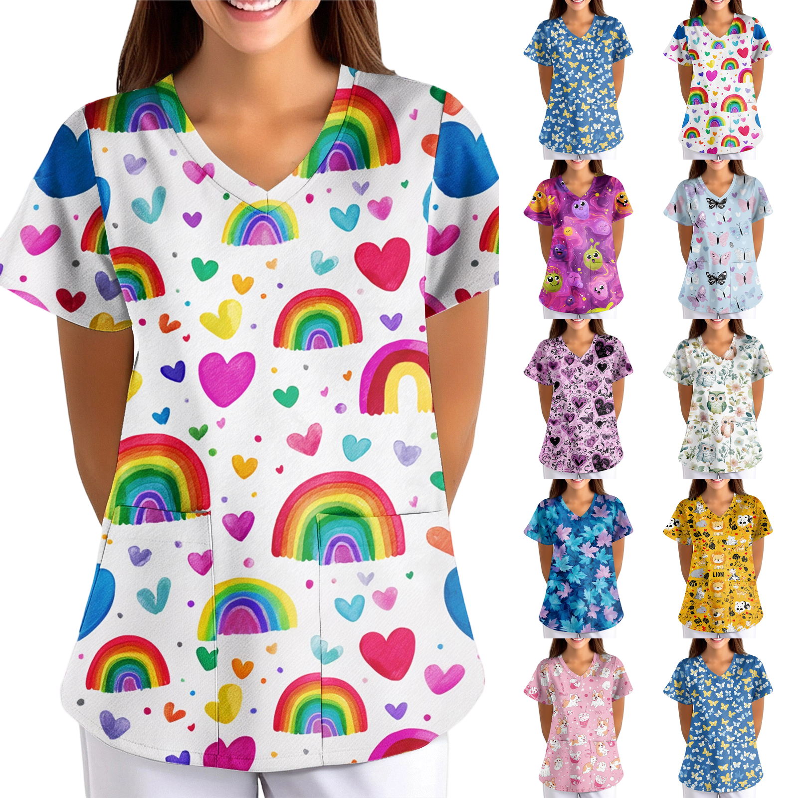 Cartoon Printed Scrub Tops for Women Stretchy Short Sleeve Vneck Cute ...
