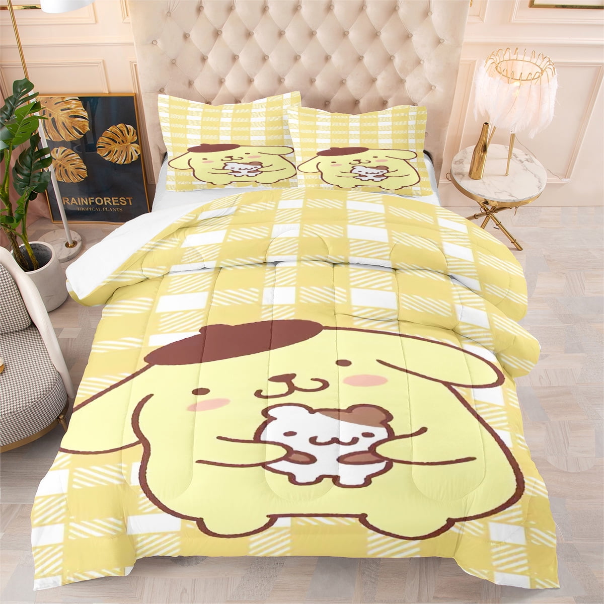 Cartoon Pudding Dog Yellow Plaid 3 Piece Comforter Set, Full Size Duvet ...
