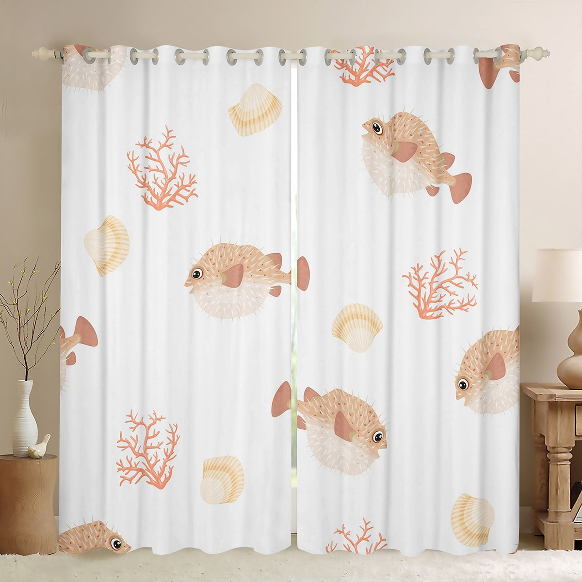 Cartoon Pufferfish Window Curtains & Drapes Teens Underwater Ocean ...