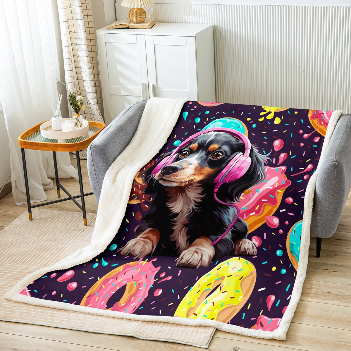 Cartoon Pug Dog Fleece Blanket Colorful Doughnut Sherpa Blanket, Pink ...