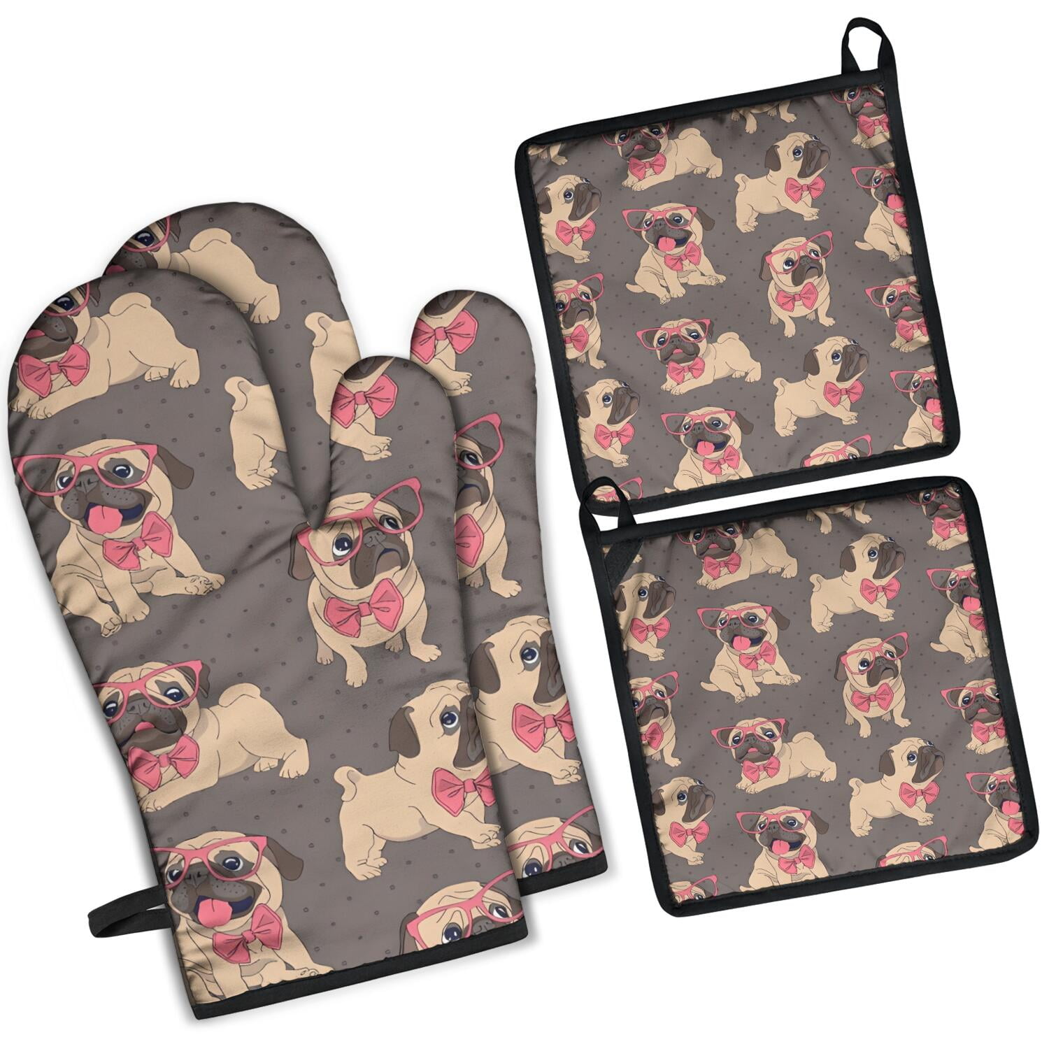 Cartoon Pug Dog Kitchen Oven Mitt and Pot Holder Sets 2 Pcs for Baking ...
