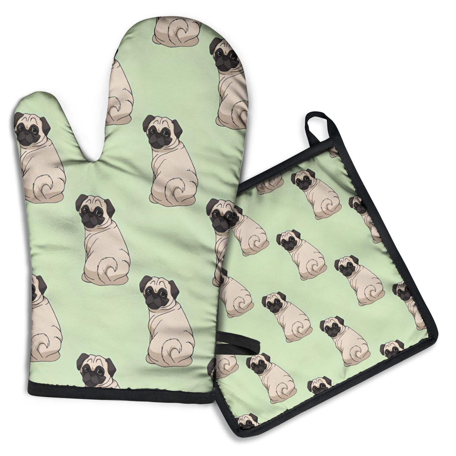 Cartoon Pug Dog Kitchen Oven Mitt and Pot Holder Sets 4 Pcs for Baking ...