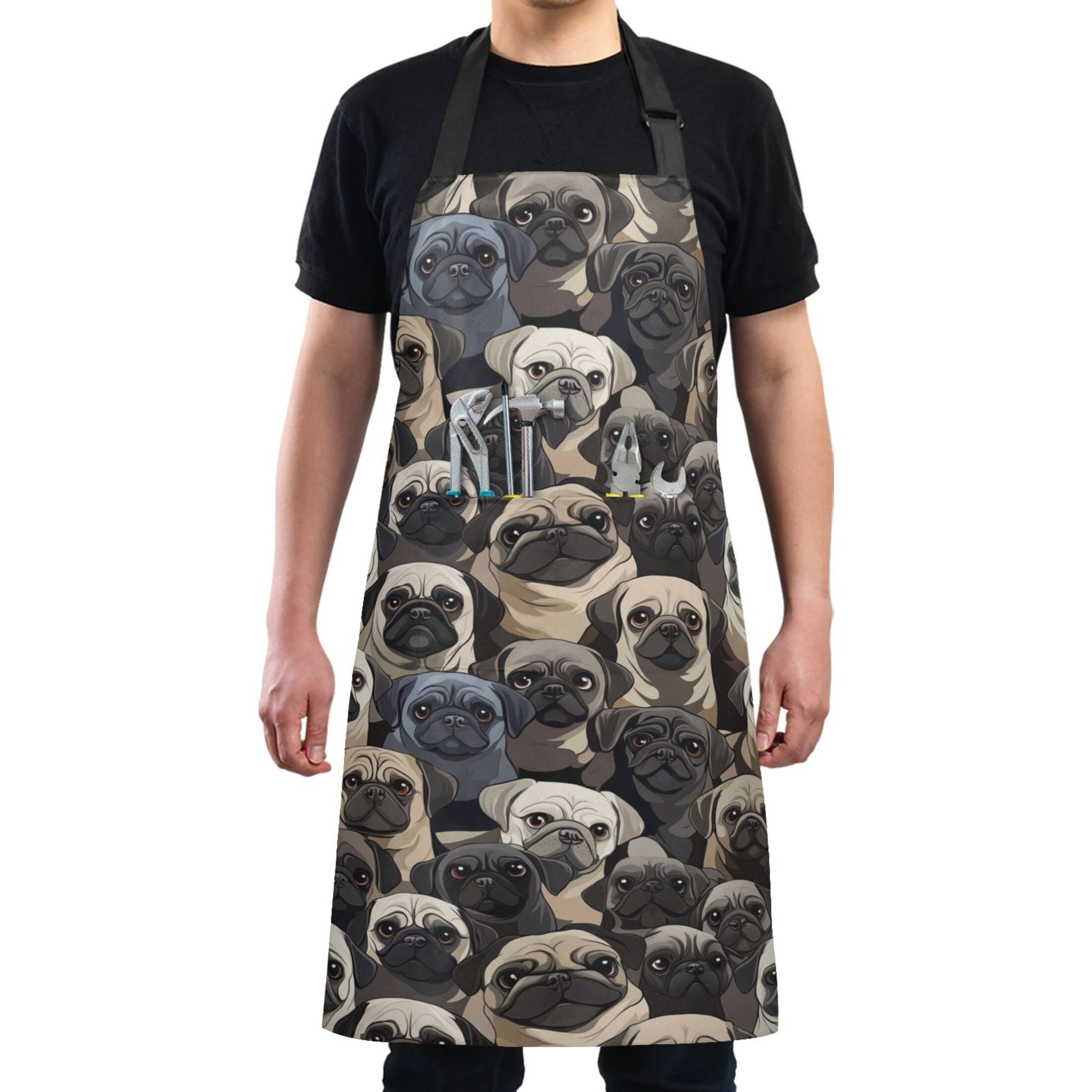 Cartoon Pug Dog Printing Chef Kitchen Apron with Pockets for Women ...