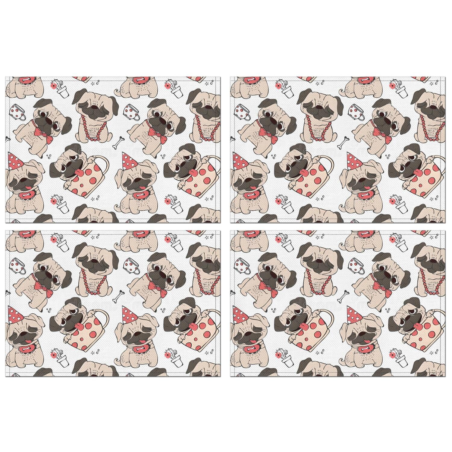 Cartoon Pug Dog Summer Placemats Table Placemats Set Of 4-Linen Kitchen ...