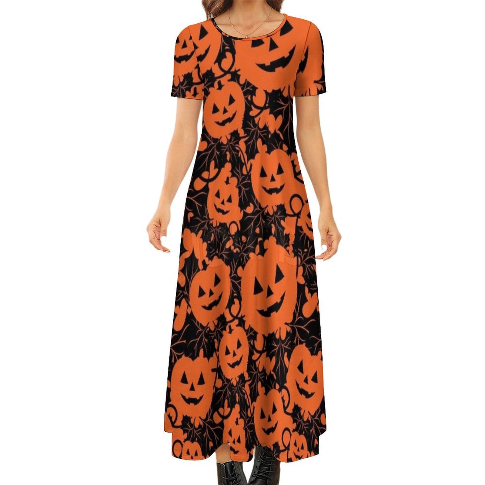 Cartoon Pumpkin Citrus Stem Maxi Dress for Women Crew Neck Beach Dress ...