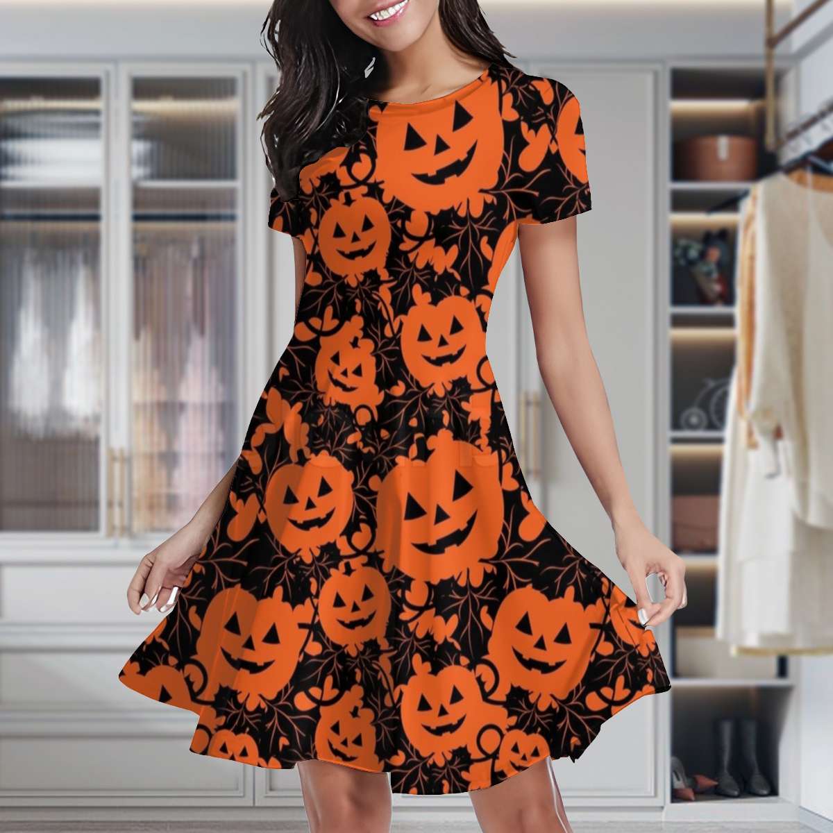 Cartoon Pumpkin Citrus Stem Women's Classic Swing Skater Dress Casual ...